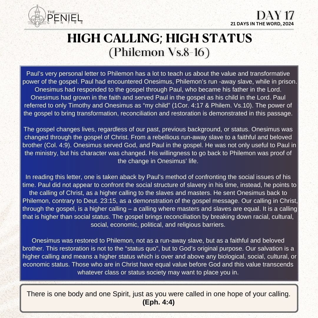 High Calling; High Status - 21 Days in the Word - The Peniel Centre ...